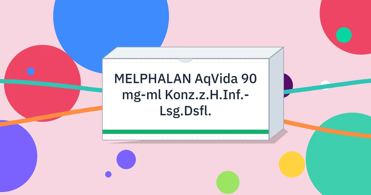 Symbolbild: Packung mit der Aufschrift MELPHALAN AqVida 90 mg-ml Konz.z.H.Inf.-Lsg.Dsfl. (PZN 19492980) – Verfügbarkeit und Bezug in Apotheken in Frankfurt am Main