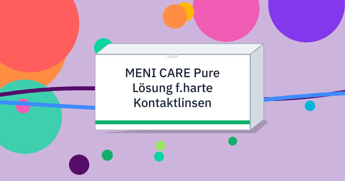 Symbolbild: Packung mit der Aufschrift MENI CARE Pure Lösung f.harte Kontaktlinsen (PZN 13966827) – Verfügbarkeit und Bezug in Apotheken in Frankfurt am Main