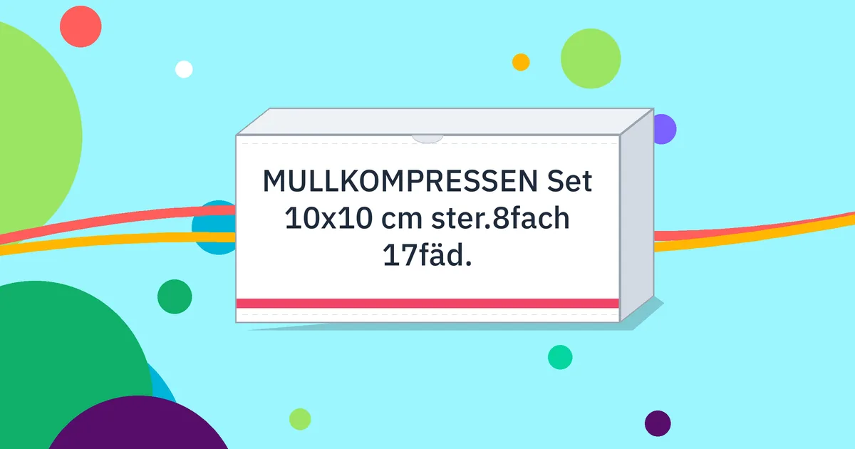 Symbolbild: Packung mit der Aufschrift MULLKOMPRESSEN Set 10x10 cm ster.8fach 17fäd. (PZN 06929636) – Verfügbarkeit und Bezug in Apotheken in Frankfurt am Main