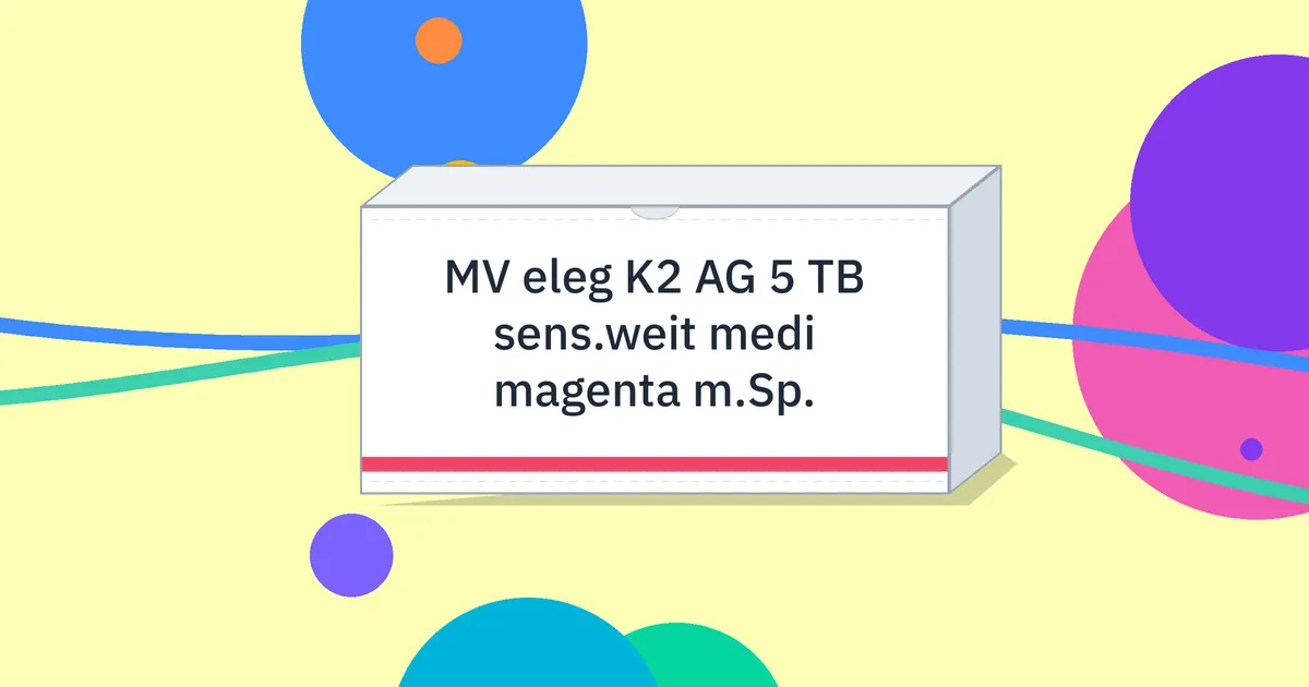 Symbolbild: Packung mit der Aufschrift MV eleg K2 AG 5 TB sens.weit medi magenta m.Sp. (PZN 14641406) – Verfügbarkeit und Bezug in Apotheken in Frankfurt am Main