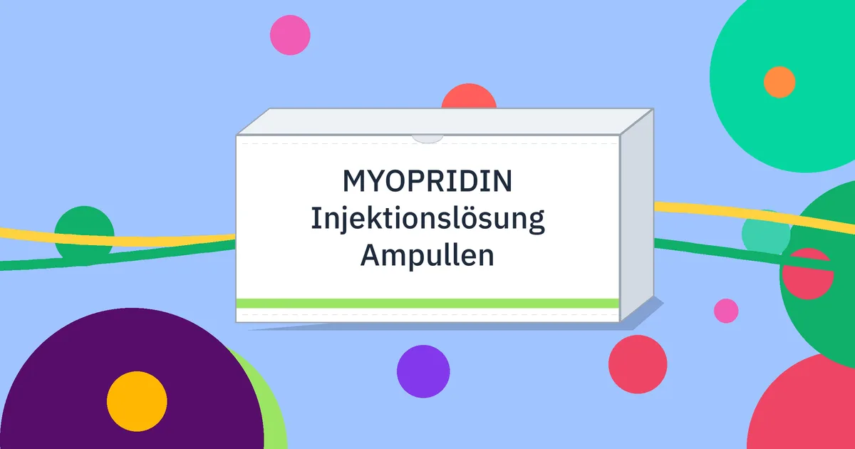 Symbolbild: Packung mit der Aufschrift MYOPRIDIN Injektionslösung Ampullen (PZN 11661176) – Verfügbarkeit und Bezug in Apotheken in Frankfurt am Main