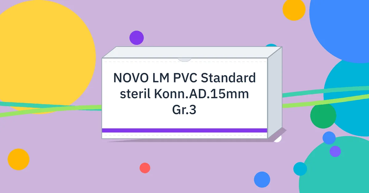 Symbolbild: Packung mit der Aufschrift NOVO LM PVC Standard steril Konn.AD.15mm Gr.3 (PZN 18491694) – Verfügbarkeit und Bezug in Apotheken in Frankfurt am Main