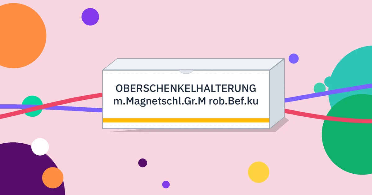 Symbolbild: Packung mit der Aufschrift OBERSCHENKELHALTERUNG m.Magnetschl.Gr.M rob.Bef.ku (PZN 11574916) – Verfügbarkeit und Bezug in Apotheken in Frankfurt am Main