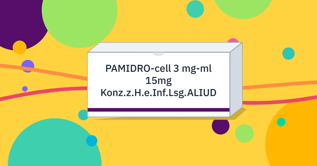 Symbolbild: Packung mit der Aufschrift PAMIDRO-cell 3 mg-ml 15mg Konz.z.H.e.Inf.Lsg.ALIUD (PZN 13838851) – Verfügbarkeit und Bezug in Apotheken in Frankfurt am Main