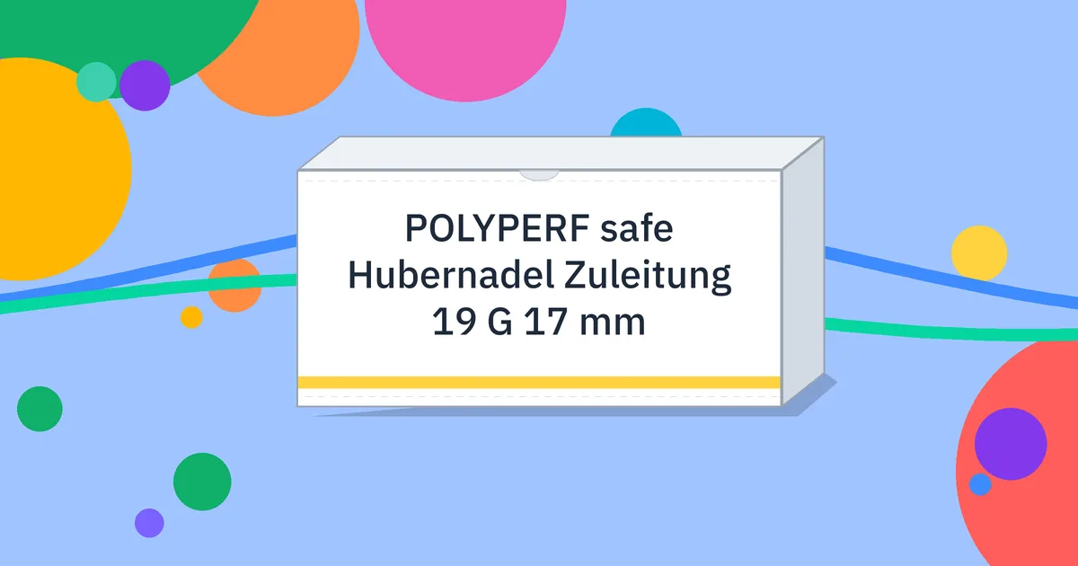 Symbolbild: Packung mit der Aufschrift POLYPERF safe Hubernadel Zuleitung 19 G 17 mm (PZN 12426276) – Verfügbarkeit und Bezug in Apotheken in Frankfurt am Main