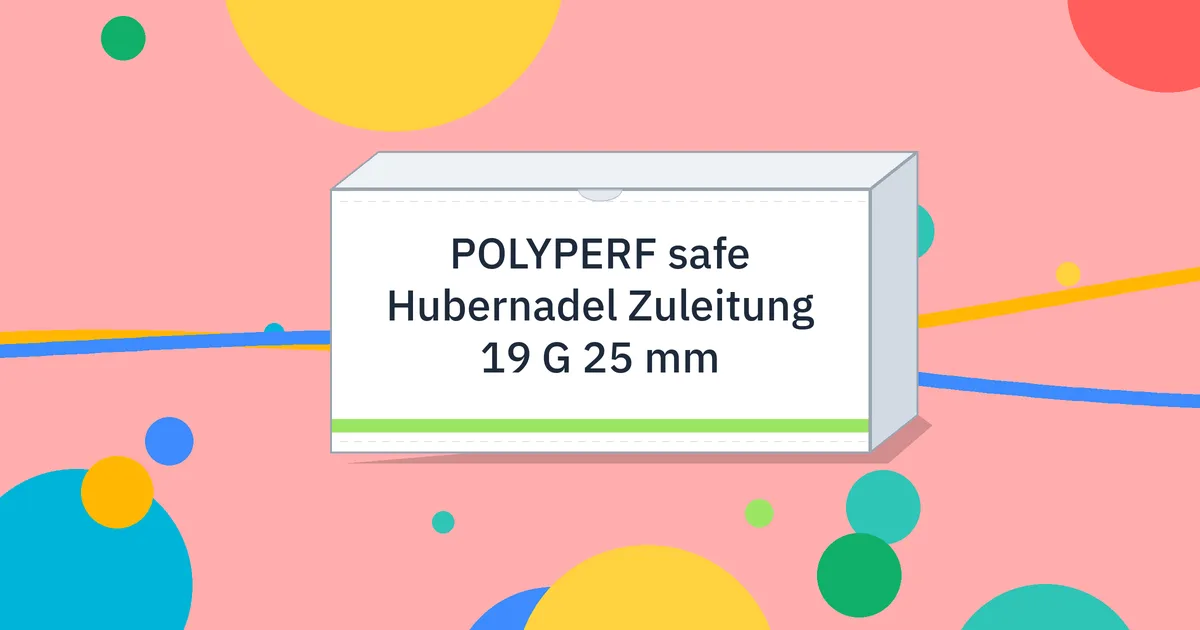 Symbolbild: Packung mit der Aufschrift POLYPERF safe Hubernadel Zuleitung 19 G 25 mm (PZN 13866250) – Verfügbarkeit und Bezug in Apotheken in Frankfurt am Main
