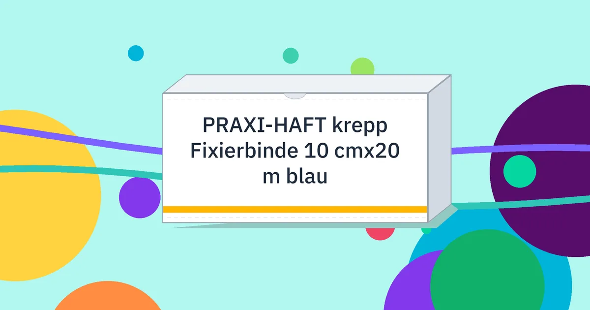 Symbolbild: Packung mit der Aufschrift PRAXI-HAFT krepp Fixierbinde 10 cmx20 m blau (PZN 13573849) – Verfügbarkeit und Bezug in Apotheken in Frankfurt am Main