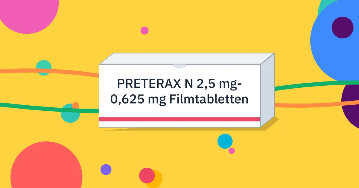 Symbolbild: Packung mit der Aufschrift PRETERAX N 2,5 mg-0,625 mg Filmtabletten (PZN 19481491) – Verfügbarkeit und Bezug in Apotheken in Frankfurt am Main