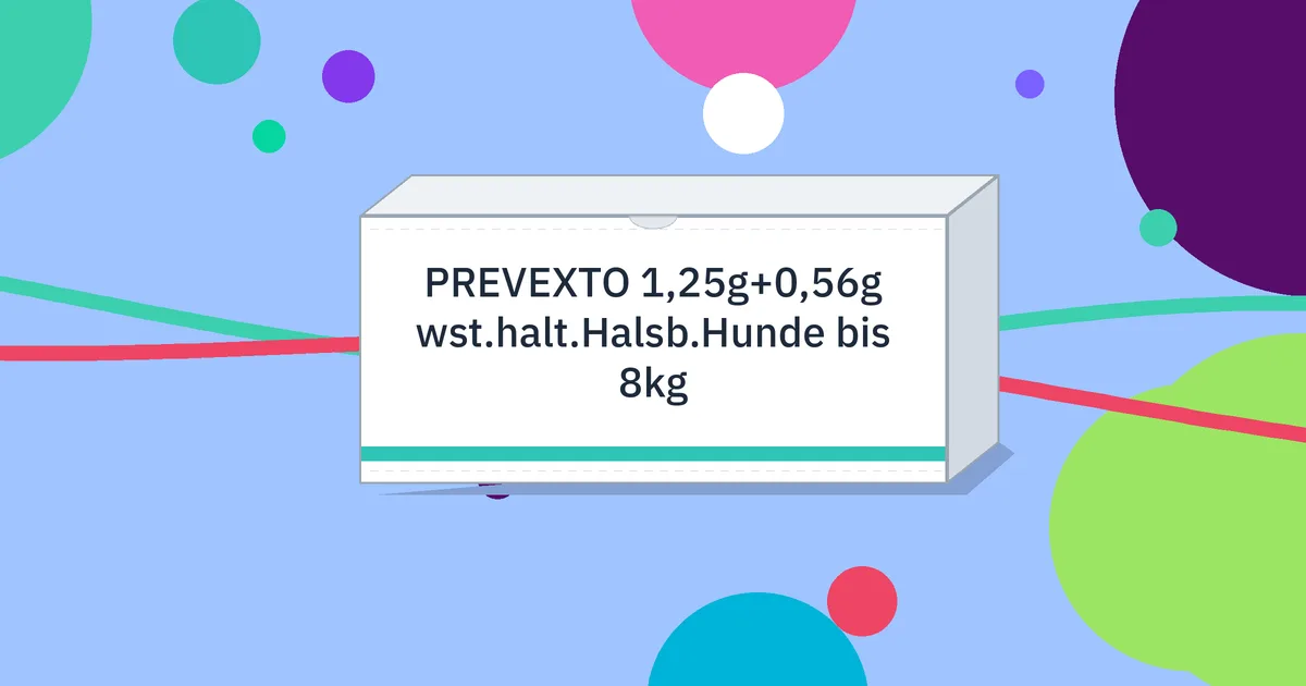 Symbolbild: Packung mit der Aufschrift PREVEXTO 1,25g+0,56g wst.halt.Halsb.Hunde bis 8kg (PZN 20609393) – Verfügbarkeit und Bezug in Apotheken in Frankfurt am Main