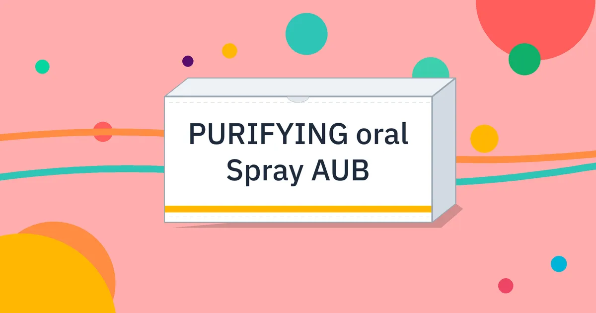 Symbolbild: Packung mit der Aufschrift PURIFYING oral Spray AUB (PZN 18734731) – Verfügbarkeit und Bezug in Apotheken in Frankfurt am Main