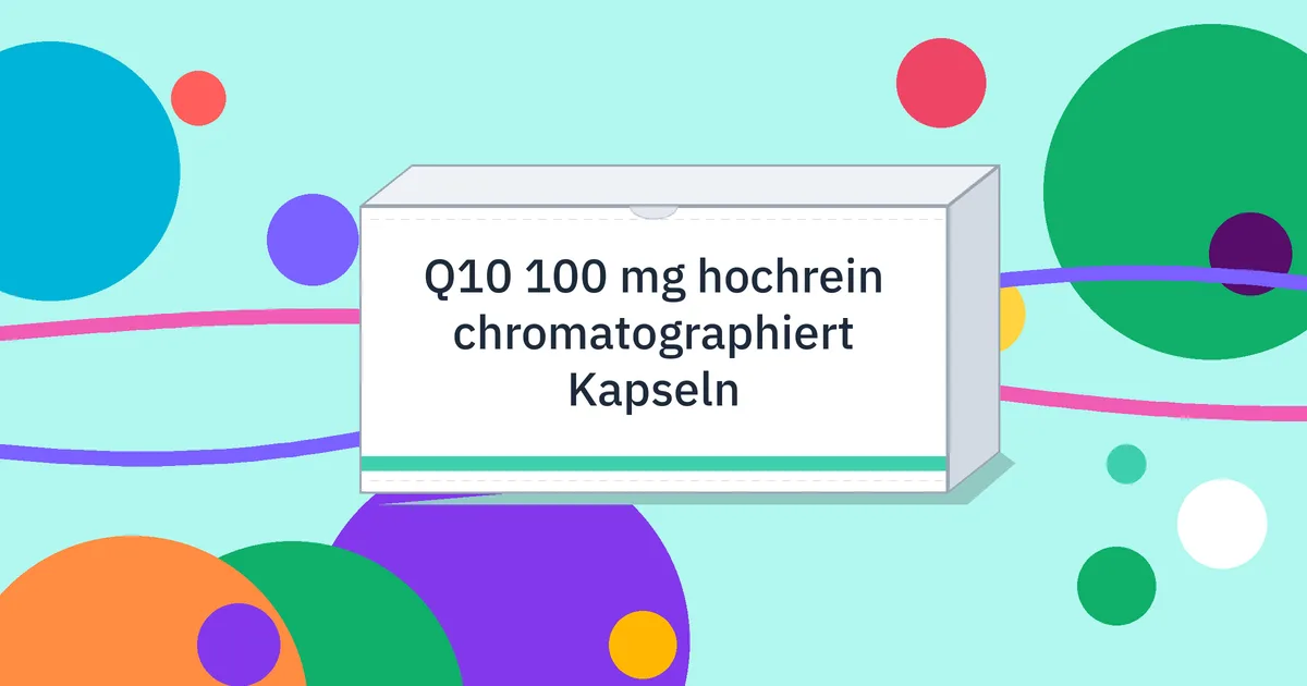 Symbolbild: Packung mit der Aufschrift Q10 100 mg hochrein chromatographiert Kapseln (PZN 01746747) – Verfügbarkeit und Bezug in Apotheken in Frankfurt am Main