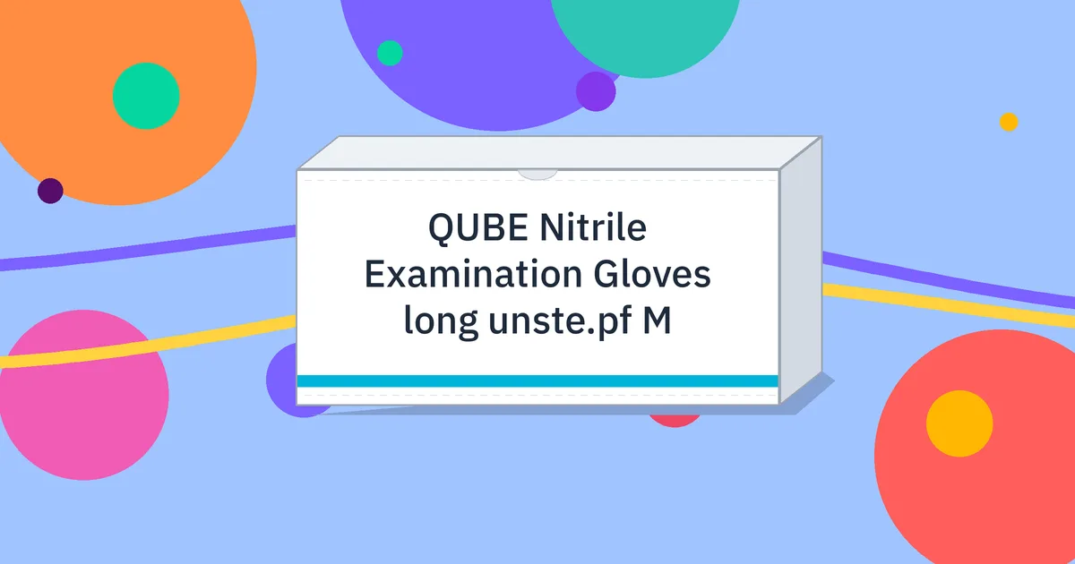 Symbolbild: Packung mit der Aufschrift QUBE Nitrile Examination Gloves long unste.pf M (PZN 18797200) – Verfügbarkeit und Bezug in Apotheken in Frankfurt am Main
