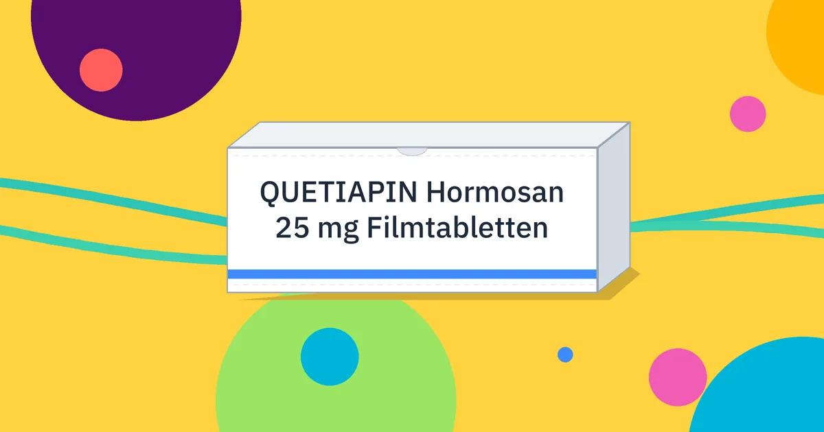 Symbolbild: Packung mit der Aufschrift QUETIAPIN Hormosan 25 mg Filmtabletten (PZN 09294500) – Verfügbarkeit und Bezug in Apotheken in Frankfurt am Main