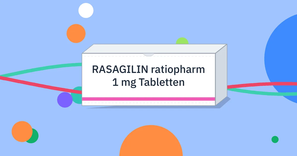 Symbolbild: Packung mit der Aufschrift RASAGILIN ratiopharm 1 mg Tabletten (PZN 10546912) – Verfügbarkeit und Bezug in Apotheken in Frankfurt am Main
