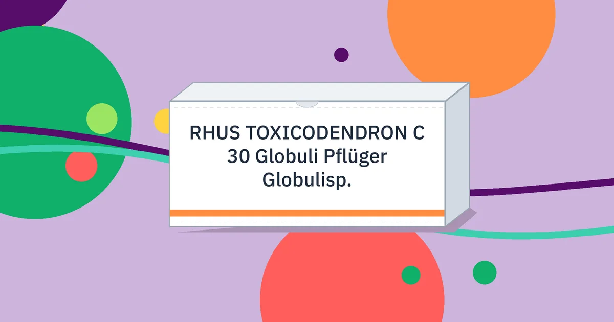 Symbolbild: Packung mit der Aufschrift RHUS TOXICODENDRON C 30 Globuli Pflüger Globulisp. (PZN 20289095) – Verfügbarkeit und Bezug in Apotheken in Frankfurt am Main