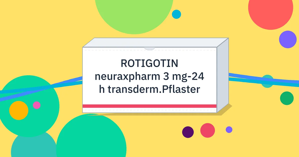Symbolbild: Packung mit der Aufschrift ROTIGOTIN neuraxpharm 3 mg-24 h transderm.Pflaster (PZN 18369817) – Verfügbarkeit und Bezug in Apotheken in Frankfurt am Main