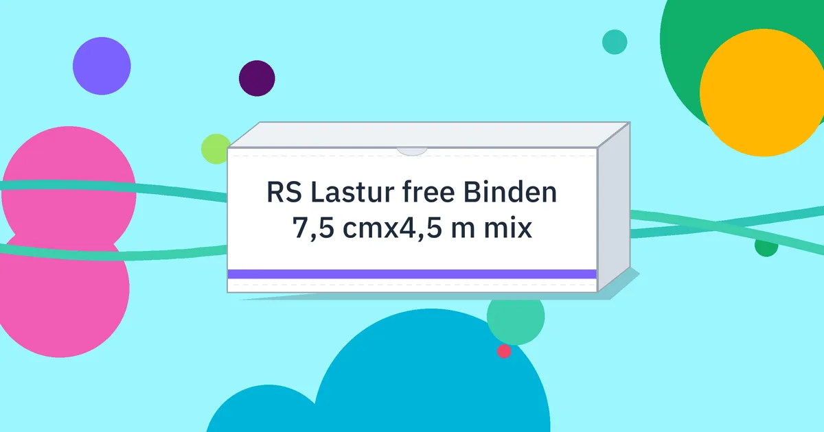 Symbolbild: Packung mit der Aufschrift RS Lastur free Binden 7,5 cmx4,5 m mix (PZN 01564443) – Verfügbarkeit und Bezug in Apotheken in Frankfurt am Main