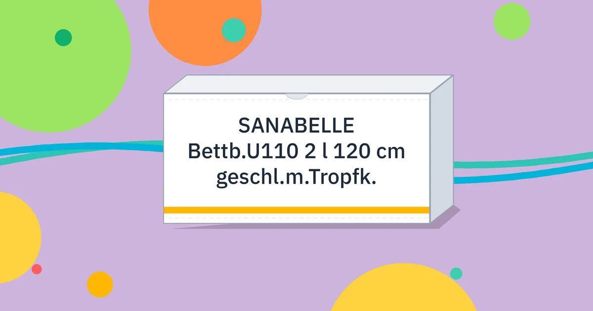 Symbolbild: Packung mit der Aufschrift SANABELLE Bettb.U110 2 l 120 cm geschl.m.Tropfk. (PZN 09330331) – Verfügbarkeit und Bezug in Apotheken in Frankfurt am Main