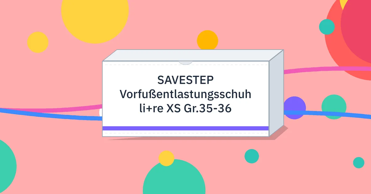Symbolbild: Packung mit der Aufschrift SAVESTEP Vorfußentlastungsschuh li+re XS Gr.35-36 (PZN 17197283) – Verfügbarkeit und Bezug in Apotheken in Frankfurt am Main