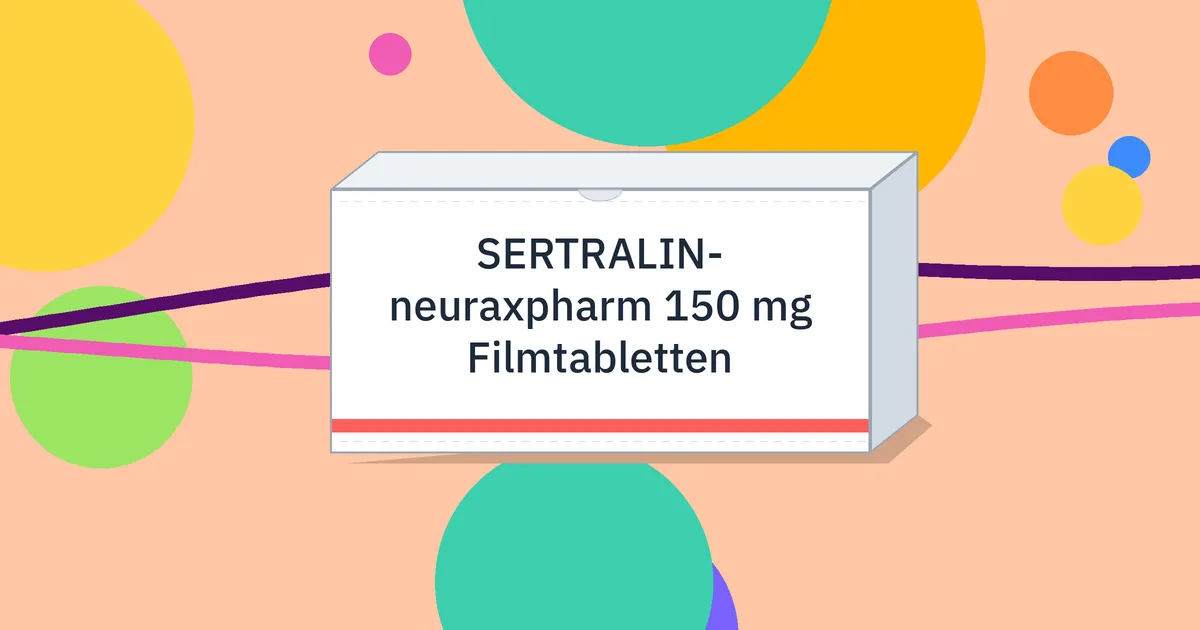 Symbolbild: Packung mit der Aufschrift SERTRALIN-neuraxpharm 150 mg Filmtabletten (PZN 16624180) – Verfügbarkeit und Bezug in Apotheken in Frankfurt am Main