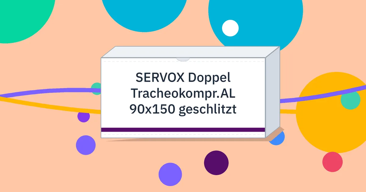 Symbolbild: Packung mit der Aufschrift SERVOX Doppel Tracheokompr.AL 90x150 geschlitzt (PZN 08469506) – Verfügbarkeit und Bezug in Apotheken in Frankfurt am Main
