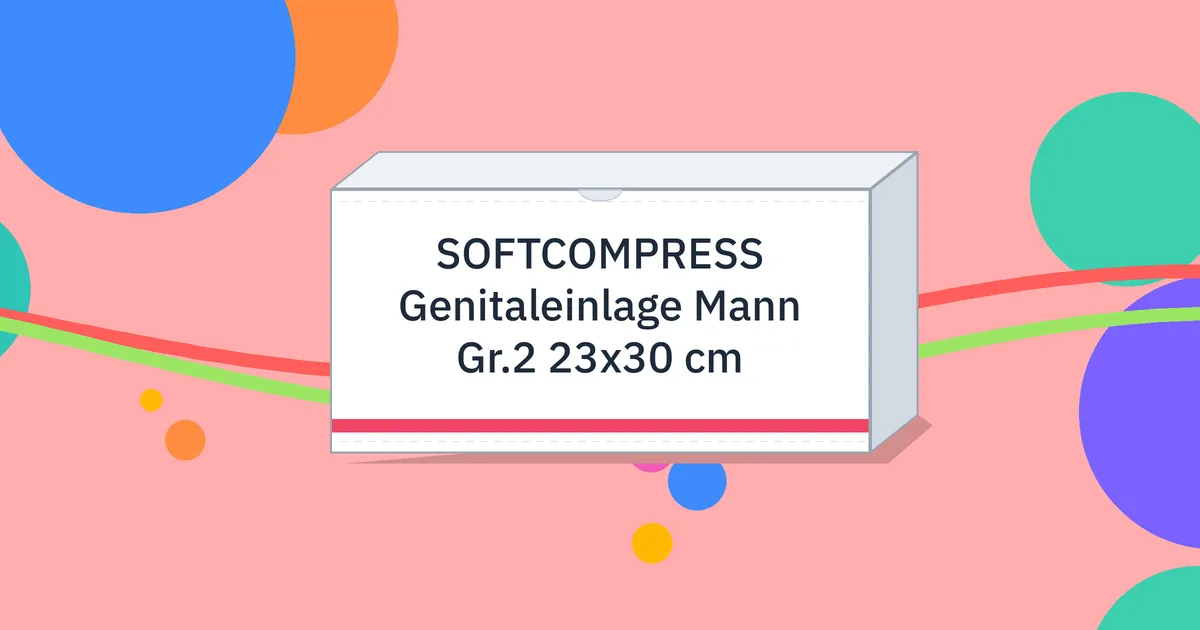 Symbolbild: Packung mit der Aufschrift SOFTCOMPRESS Genitaleinlage Mann Gr.2 23x30 cm (PZN 13505954) – Verfügbarkeit und Bezug in Apotheken in Frankfurt am Main