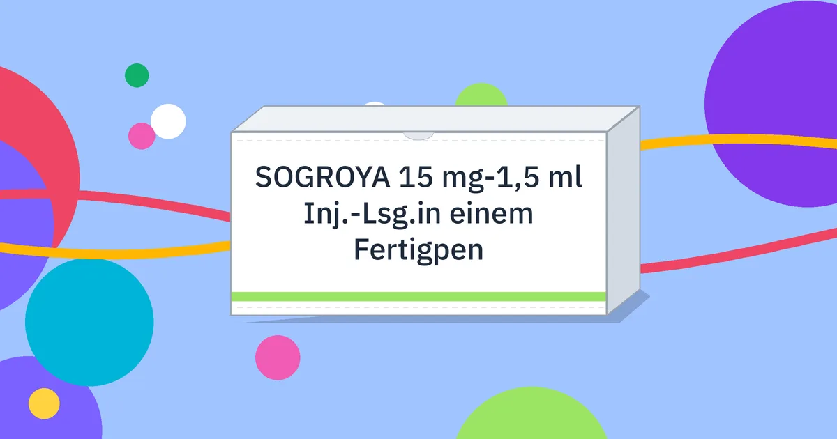 Symbolbild: Packung mit der Aufschrift SOGROYA 15 mg-1,5 ml Inj.-Lsg.in einem Fertigpen (PZN 18817486) – Verfügbarkeit und Bezug in Apotheken in Frankfurt am Main