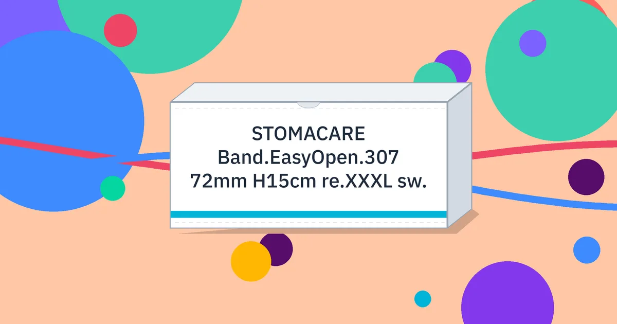 Symbolbild: Packung mit der Aufschrift STOMACARE Band.EasyOpen.307 72mm H15cm re.XXXL sw. (PZN 09437661) – Verfügbarkeit und Bezug in Apotheken in Frankfurt am Main