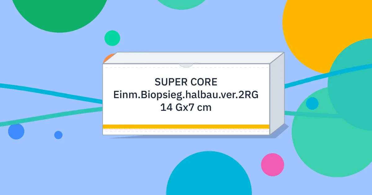 Symbolbild: Packung mit der Aufschrift SUPER CORE Einm.Biopsieg.halbau.ver.2RG 14 Gx7 cm (PZN 07099929) – Verfügbarkeit und Bezug in Apotheken in Frankfurt am Main