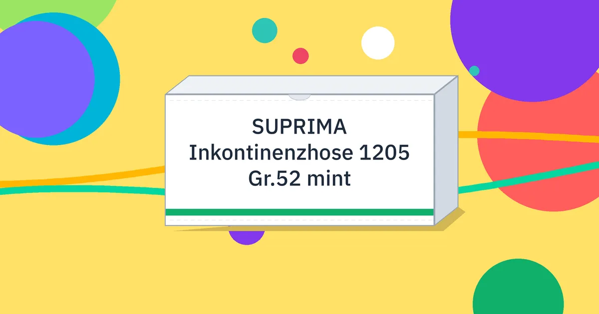 Symbolbild: Packung mit der Aufschrift SUPRIMA Inkontinenzhose 1205 Gr.52 mint (PZN 07631519) – Verfügbarkeit und Bezug in Apotheken in Frankfurt am Main