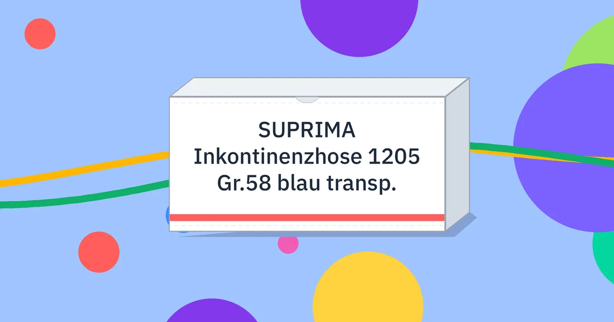 Symbolbild: Packung mit der Aufschrift SUPRIMA Inkontinenzhose 1205 Gr.58 blau transp. (PZN 01365732) – Verfügbarkeit und Bezug in Apotheken in Frankfurt am Main