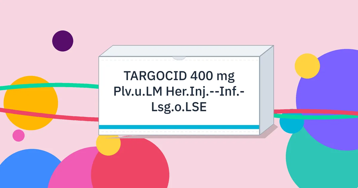 Symbolbild: Packung mit der Aufschrift TARGOCID 400 mg Plv.u.LM Her.Inj.--Inf.-Lsg.o.LSE (PZN 00865941) – Verfügbarkeit und Bezug in Apotheken in Frankfurt am Main