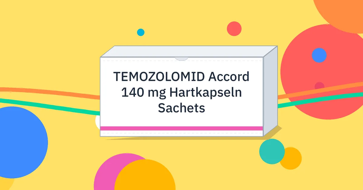 Symbolbild: Packung mit der Aufschrift TEMOZOLOMID Accord 140 mg Hartkapseln Sachets (PZN 16245287) – Verfügbarkeit und Bezug in Apotheken in Frankfurt am Main