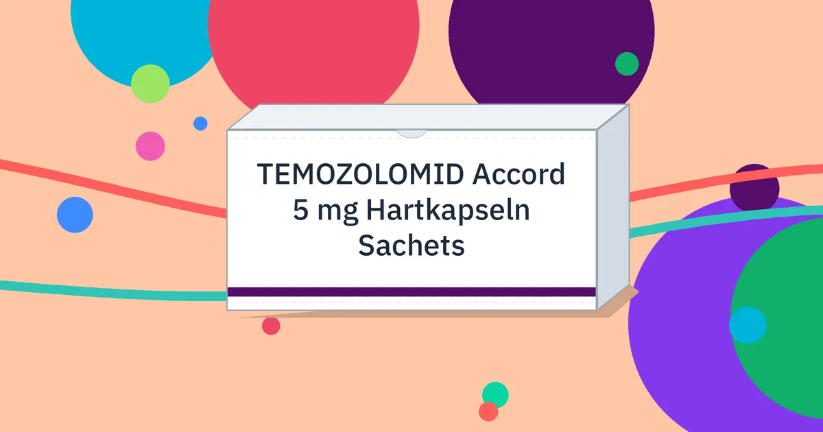 Symbolbild: Packung mit der Aufschrift TEMOZOLOMID Accord 5 mg Hartkapseln Sachets (PZN 11291236) – Verfügbarkeit und Bezug in Apotheken in Frankfurt am Main