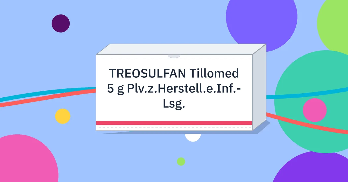 Symbolbild: Packung mit der Aufschrift TREOSULFAN Tillomed 5 g Plv.z.Herstell.e.Inf.-Lsg. (PZN 14056547) – Verfügbarkeit und Bezug in Apotheken in Frankfurt am Main