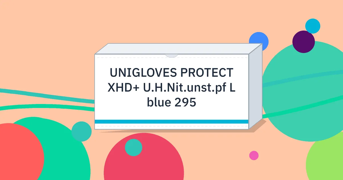 Symbolbild: Packung mit der Aufschrift UNIGLOVES PROTECT XHD+ U.H.Nit.unst.pf L blue 295 (PZN 20300460) – Verfügbarkeit und Bezug in Apotheken in Frankfurt am Main