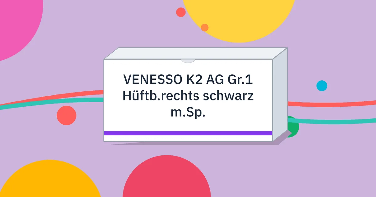 Symbolbild: Packung mit der Aufschrift VENESSO K2 AG Gr.1 Hüftb.rechts schwarz m.Sp. (PZN 03273282) – Verfügbarkeit und Bezug in Apotheken in Frankfurt am Main