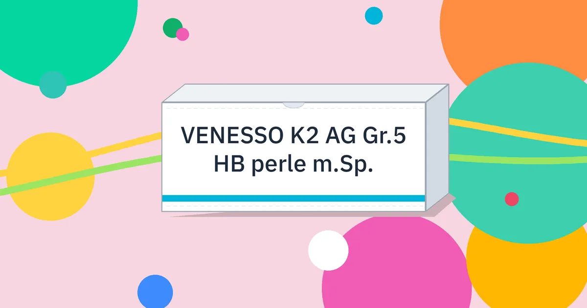 Symbolbild: Packung mit der Aufschrift VENESSO K2 AG Gr.5 HB perle m.Sp. (PZN 03262746) – Verfügbarkeit und Bezug in Apotheken in Frankfurt am Main