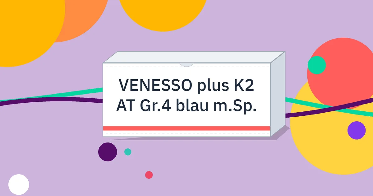 Symbolbild: Packung mit der Aufschrift VENESSO plus K2 AT Gr.4 blau m.Sp. (PZN 03287597) – Verfügbarkeit und Bezug in Apotheken in Frankfurt am Main