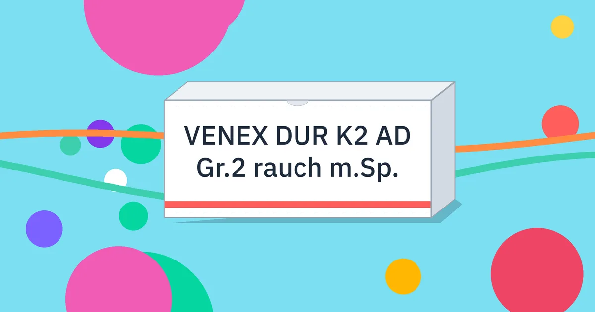 Symbolbild: Packung mit der Aufschrift VENEX DUR K2 AD Gr.2 rauch m.Sp. (PZN 03208586) – Verfügbarkeit und Bezug in Apotheken in Frankfurt am Main