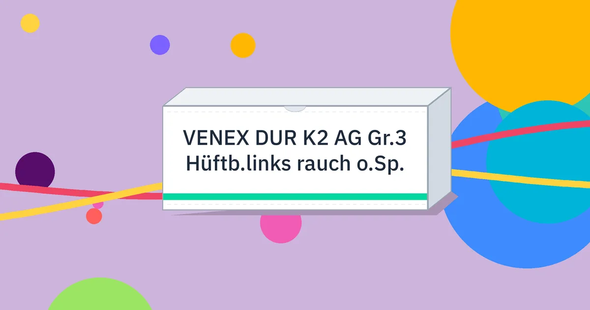 Symbolbild: Packung mit der Aufschrift VENEX DUR K2 AG Gr.3 Hüftb.links rauch o.Sp. (PZN 03230947) – Verfügbarkeit und Bezug in Apotheken in Frankfurt am Main