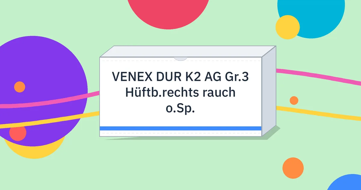 Symbolbild: Packung mit der Aufschrift VENEX DUR K2 AG Gr.3 Hüftb.rechts rauch o.Sp. (PZN 03231562) – Verfügbarkeit und Bezug in Apotheken in Frankfurt am Main