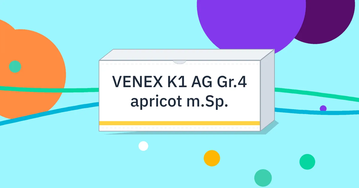 Symbolbild: Packung mit der Aufschrift VENEX K1 AG Gr.4 apricot m.Sp. (PZN 03187186) – Verfügbarkeit und Bezug in Apotheken in Frankfurt am Main