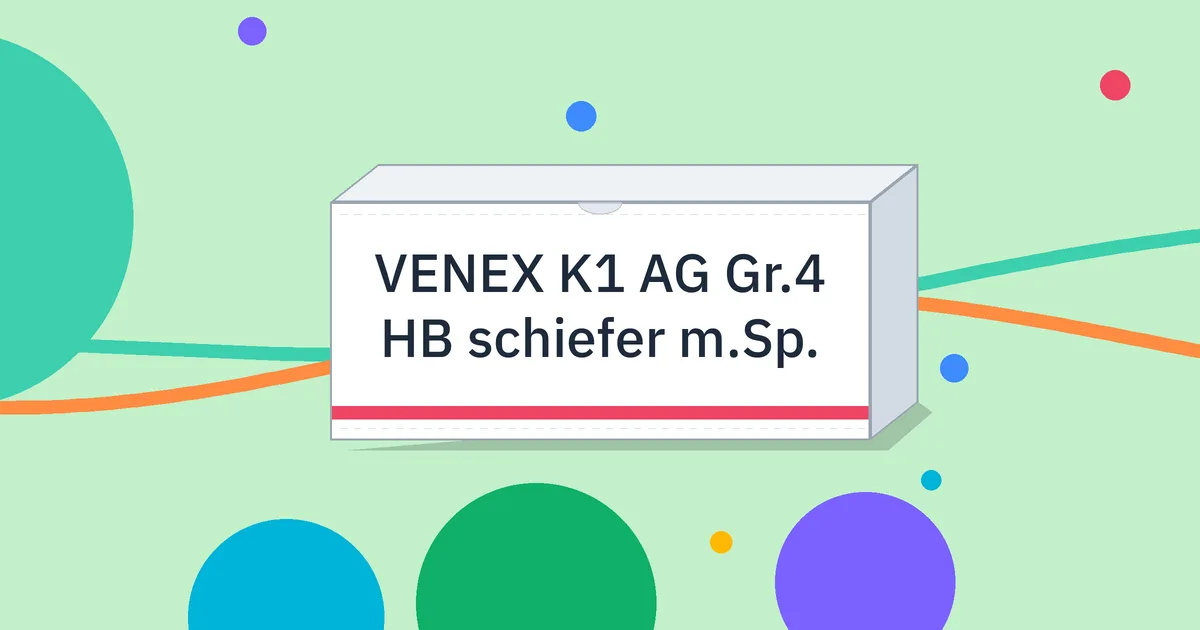 Symbolbild: Packung mit der Aufschrift VENEX K1 AG Gr.4 HB schiefer m.Sp. (PZN 03191816) – Verfügbarkeit und Bezug in Apotheken in Frankfurt am Main