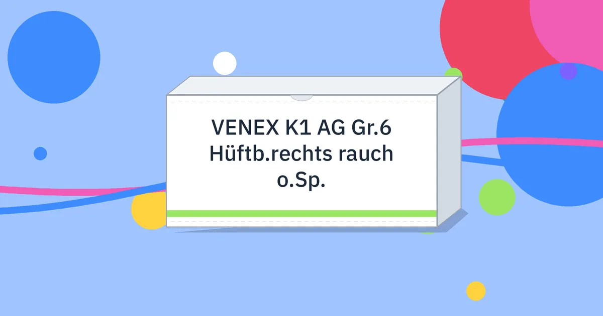 Symbolbild: Packung mit der Aufschrift VENEX K1 AG Gr.6 Hüftb.rechts rauch o.Sp. (PZN 03207262) – Verfügbarkeit und Bezug in Apotheken in Frankfurt am Main