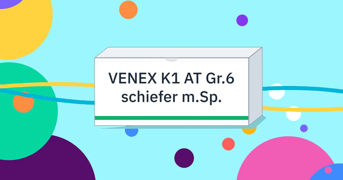 Symbolbild: Packung mit der Aufschrift VENEX K1 AT Gr.6 schiefer m.Sp. (PZN 03196624) – Verfügbarkeit und Bezug in Apotheken in Frankfurt am Main