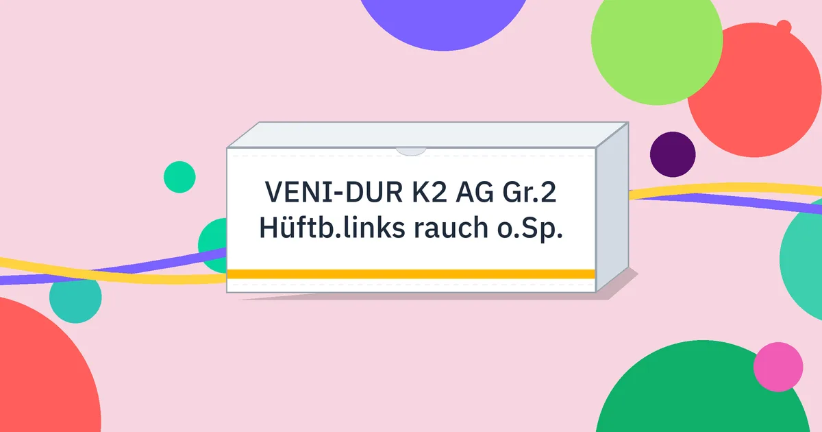 Symbolbild: Packung mit der Aufschrift VENI-DUR K2 AG Gr.2 Hüftb.links rauch o.Sp. (PZN 03253150) – Verfügbarkeit und Bezug in Apotheken in Frankfurt am Main