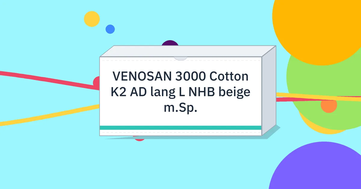 Symbolbild: Packung mit der Aufschrift VENOSAN 3000 Cotton K2 AD lang L NHB beige m.Sp. (PZN 14421395) – Verfügbarkeit und Bezug in Apotheken in Frankfurt am Main