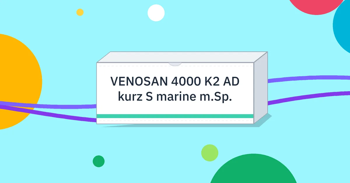Symbolbild: Packung mit der Aufschrift VENOSAN 4000 K2 AD kurz S marine m.Sp. (PZN 16602103) – Verfügbarkeit und Bezug in Apotheken in Frankfurt am Main