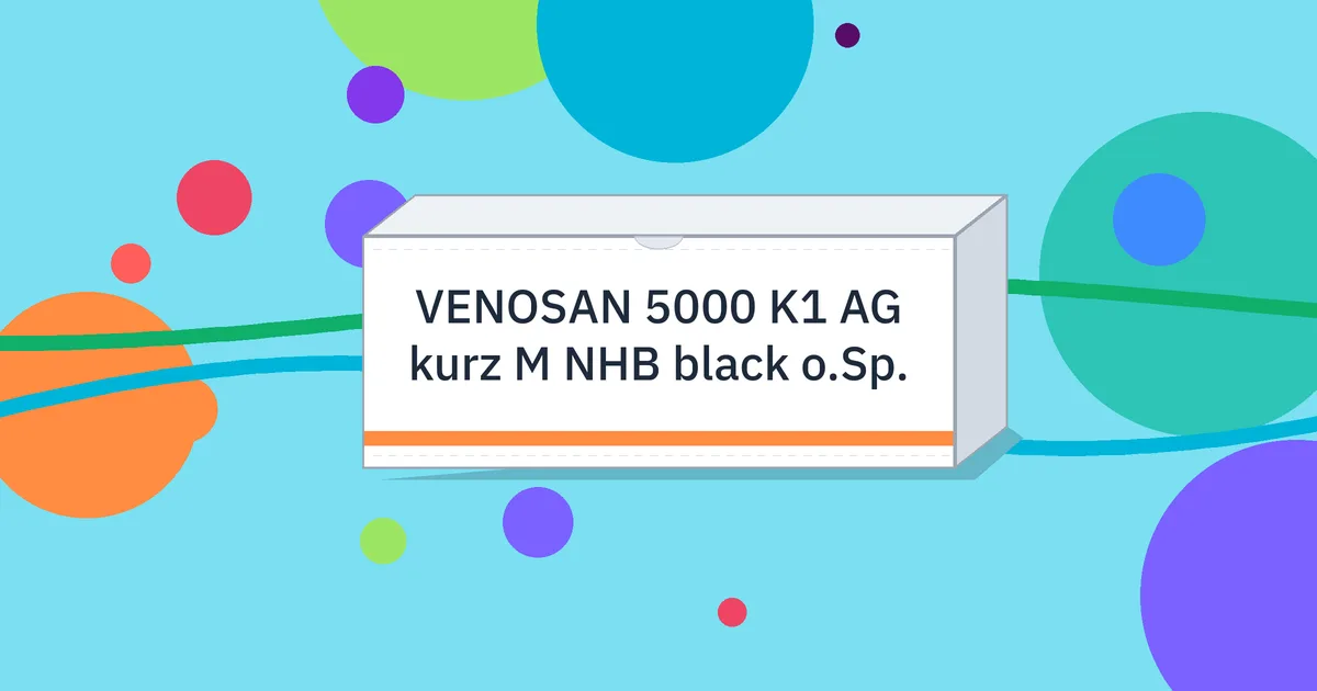 Symbolbild: Packung mit der Aufschrift VENOSAN 5000 K1 AG kurz M NHB black o.Sp. (PZN 14433010) – Verfügbarkeit und Bezug in Apotheken in Frankfurt am Main